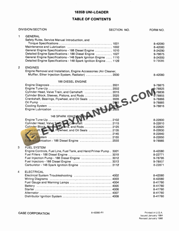 Case 1835B Uni-Loader Service Manual 8-42080-R1 PDF
