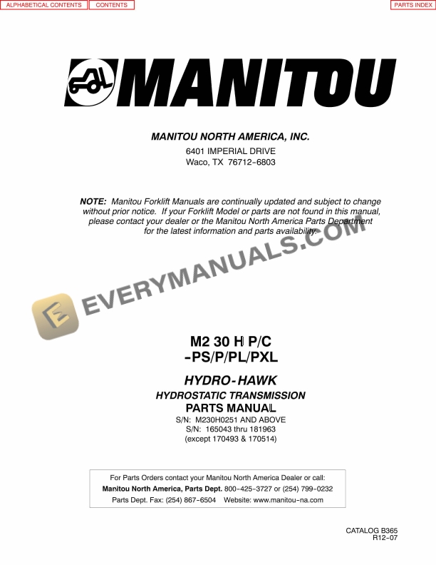 Manitou M2 30 H P-PS to M2 30 H C-PXL Hydro Hawk Parts Manual B365
