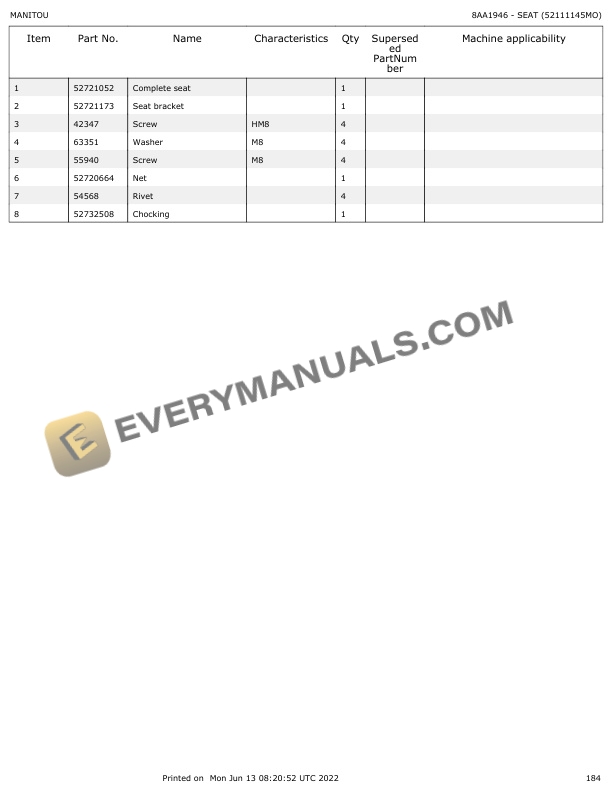 Manitou MT 730 H 75K ST5 S1, MT 930 H 75K ST5 S1, MT 930 HA 75K ST5 S1 Parts Manual 52112223MO